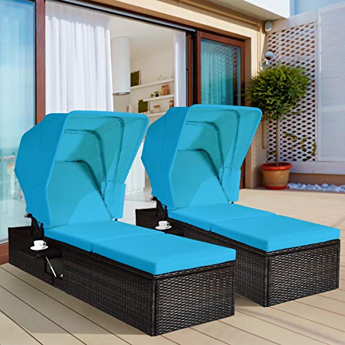 Tangkula 2PCS Outdoor Chaise Lounge Chair with Folding Canopy, Adjustable Cushioned Reclining Chair with Flip-up Tea Table, Rattan Sun Lounger for Beach Poolside Backyard Balcony Porch (2, Turquoise)