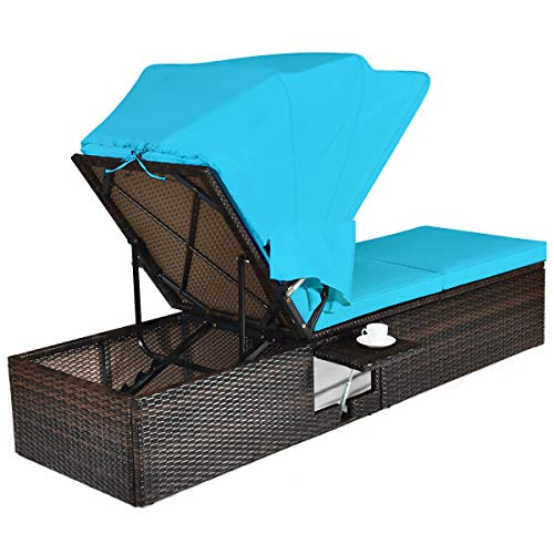 Tangkula 2PCS Outdoor Chaise Lounge Chair with Folding Canopy, Adjustable Cushioned Reclining Chair with Flip-up Tea Table, Rattan Sun Lounger for Beach Poolside Backyard Balcony Porch (2, Turquoise)