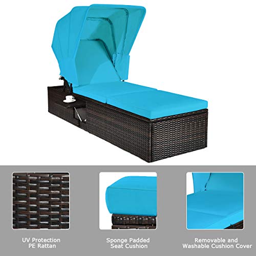 Tangkula 2PCS Outdoor Chaise Lounge Chair with Folding Canopy, Adjustable Cushioned Reclining Chair with Flip-up Tea Table, Rattan Sun Lounger for Beach Poolside Backyard Balcony Porch (2, Turquoise)