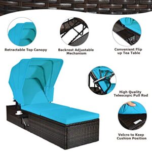 Tangkula 2PCS Outdoor Chaise Lounge Chair with Folding Canopy, Adjustable Cushioned Reclining Chair with Flip-up Tea Table, Rattan Sun Lounger for Beach Poolside Backyard Balcony Porch (2, Turquoise)