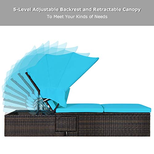 Tangkula 2PCS Outdoor Chaise Lounge Chair with Folding Canopy, Adjustable Cushioned Reclining Chair with Flip-up Tea Table, Rattan Sun Lounger for Beach Poolside Backyard Balcony Porch (2, Turquoise)