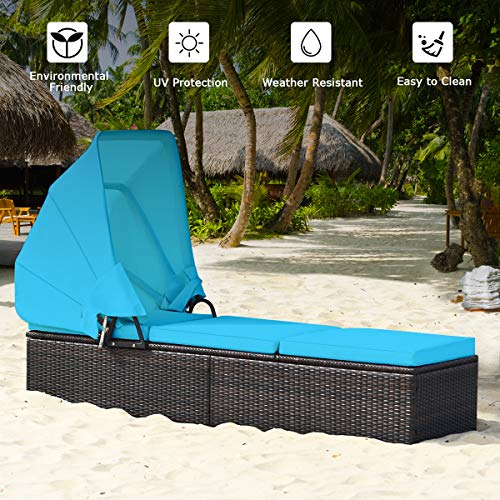 Tangkula 2PCS Outdoor Chaise Lounge Chair with Folding Canopy, Adjustable Cushioned Reclining Chair with Flip-up Tea Table, Rattan Sun Lounger for Beach Poolside Backyard Balcony Porch (2, Turquoise)