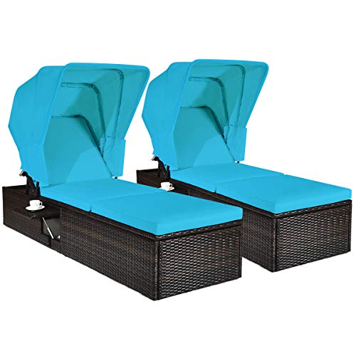 Tangkula 2PCS Outdoor Chaise Lounge Chair with Folding Canopy, Adjustable Cushioned Reclining Chair with Flip-up Tea Table, Rattan Sun Lounger for Beach Poolside Backyard Balcony Porch (2, Turquoise)