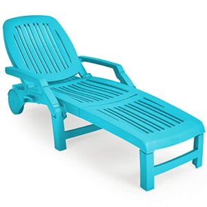 giantex chaise lounge outdoor, 6 adjustable backrests lounge chair recliner, outdoor furniture for patio poolside garden, foldable sun lounger with wheels (1, turquoise)