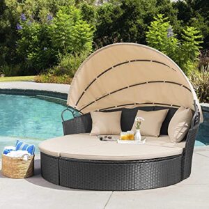 homall patio furniture outdoor daybed with retractable canopy rattan wicker furniture sectional seating with washable cushions for patio backyard porch pool round daybed separated seating (beige)