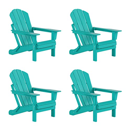 WO Home Furniture Adirondack Folding Chair 4 PC Set Classic Outdoor Patio Chair for Bon Fire Pit Lawn Backyard Beach Plastic Weather-Resistant (Turquoise)