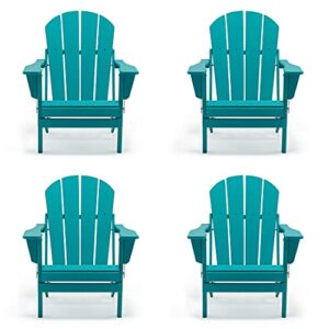 WO Home Furniture Adirondack Folding Chair 4 PC Set Classic Outdoor Patio Chair for Bon Fire Pit Lawn Backyard Beach Plastic Weather-Resistant (Turquoise)