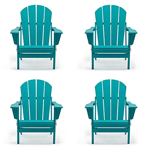 WO Home Furniture Adirondack Folding Chair 4 PC Set Classic Outdoor Patio Chair for Bon Fire Pit Lawn Backyard Beach Plastic Weather-Resistant (Turquoise)