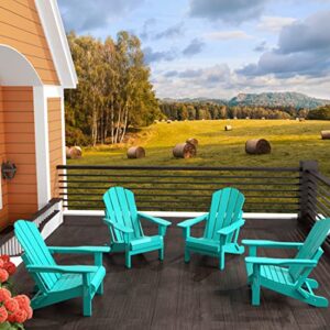 WO Home Furniture Adirondack Folding Chair 4 PC Set Classic Outdoor Patio Chair for Bon Fire Pit Lawn Backyard Beach Plastic Weather-Resistant (Turquoise)