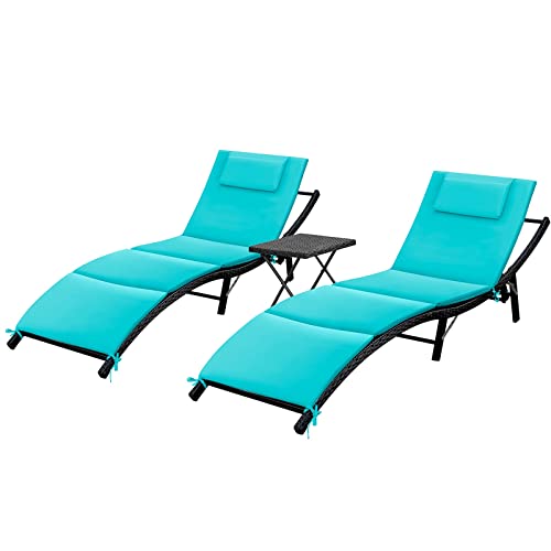 GUNJI Lounge Chairs for Outside 3 Pieces Patio Adjustable Chaise Lounge Outdoor Wicker Lounge Chairs Set of 2 with Table Folding Chaise Lounger for Poolside, Deck, Lawn (Blue)