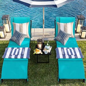 GUNJI Lounge Chairs for Outside 3 Pieces Patio Adjustable Chaise Lounge Outdoor Wicker Lounge Chairs Set of 2 with Table Folding Chaise Lounger for Poolside, Deck, Lawn (Blue)