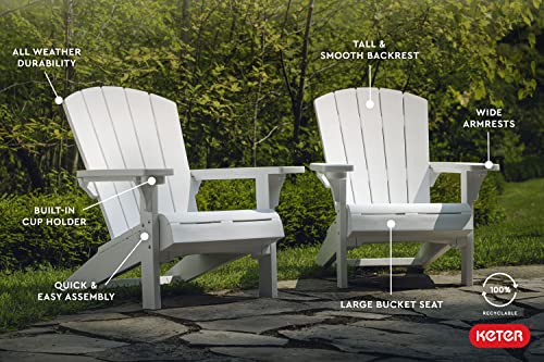 Keter 2 Pack Alpine Adirondack Resin Outdoor Furniture Patio Chairs with Cup Holder-Perfect for Beach, Pool, and Fire Pit Seating, White