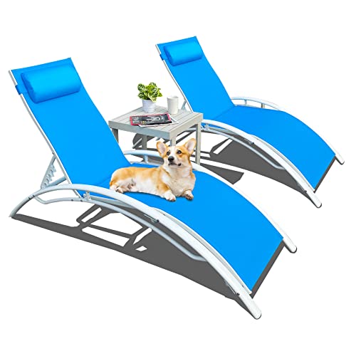 HOMEZILLIONS Patio Chaise Lounge Set of 3 Outdoor Lounge Chairs Adjustable Chaise Lounge 5-Level Pool Chairs with Headrest for Beach, Side Table Included, Blue