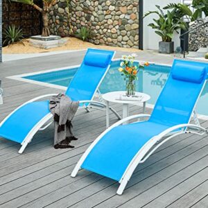 HOMEZILLIONS Patio Chaise Lounge Set of 3 Outdoor Lounge Chairs Adjustable Chaise Lounge 5-Level Pool Chairs with Headrest for Beach, Side Table Included, Blue