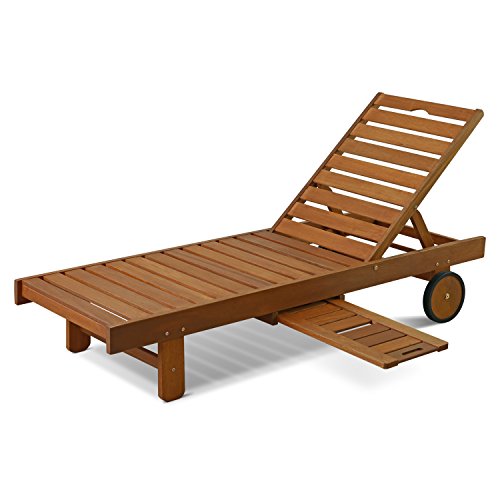 Furinno Tioman Outdoor Hardwood Patio Furniture Sun Lounger with Tray in Teak Oil, Natural 23.52D x 70W x 12H in