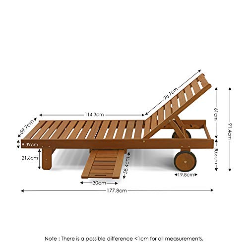 Furinno Tioman Outdoor Hardwood Patio Furniture Sun Lounger with Tray in Teak Oil, Natural 23.52D x 70W x 12H in