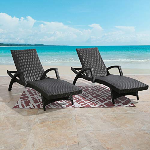 Ulax Lounge Chairs for Outside, Woven Padded Non-Rust Aluminum Chaise, Quick Dry Foam, Adjustable Armed Patio Lounger with Wheels, 2-Pack (Dark Brown)