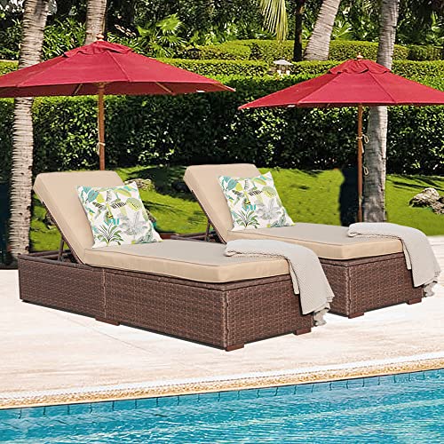 Patiorama Outdoor Patio Chaise Lounge Chair, Elegant Reclining Adjustable Pool Rattan Chaise Lounge Chair with Cushion, Brown PE Wicker, Steel Frame,Set of 2