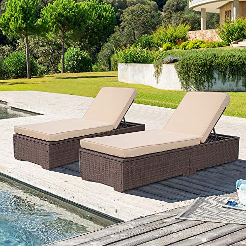 Patiorama Outdoor Patio Chaise Lounge Chair, Elegant Reclining Adjustable Pool Rattan Chaise Lounge Chair with Cushion, Brown PE Wicker, Steel Frame,Set of 2