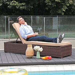 Patiorama Outdoor Patio Chaise Lounge Chair, Elegant Reclining Adjustable Pool Rattan Chaise Lounge Chair with Cushion, Brown PE Wicker, Steel Frame,Set of 2