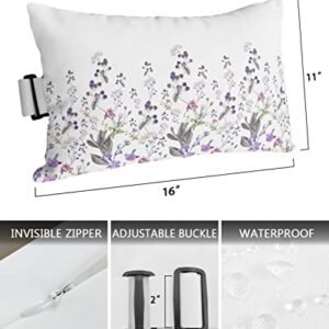 Recliner Head Pillow Ledge Loungers Chair Pillows with Insert Summer Plants Purple Flowers Pattern Lumbar Pillow with Adjustable Strap Outside Patio Decorative Garden Cushion for Bench Couch, 2 PCS