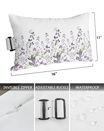 Recliner Head Pillow Ledge Loungers Chair Pillows with Insert Summer Plants Purple Flowers Pattern Lumbar Pillow with Adjustable Strap Outside Patio Decorative Garden Cushion for Bench Couch, 2 PCS