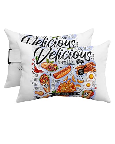 Recliner Head Pillow Ledge Loungers Chair Pillows with Insert Food Doodle Delicious Hot Dog Bacon Lumbar Pillow with Adjustable Strap Outside Patio Decorative Garden Cushion for Bench Couch, 2 PCS