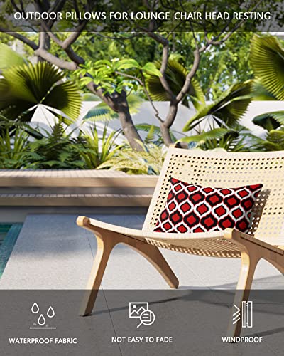 Recliner Head Pillow Ledge Loungers Chair Pillows with Insert Red and Black Moroccan Pattern Geometric Lumbar Pillow with Adjustable Strap Outdoor Waterproof Patio Pillows for Beach Pool, 2 PCS