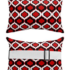 Recliner Head Pillow Ledge Loungers Chair Pillows with Insert Red and Black Moroccan Pattern Geometric Lumbar Pillow with Adjustable Strap Outdoor Waterproof Patio Pillows for Beach Pool, 2 PCS