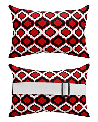 Recliner Head Pillow Ledge Loungers Chair Pillows with Insert Red and Black Moroccan Pattern Geometric Lumbar Pillow with Adjustable Strap Outdoor Waterproof Patio Pillows for Beach Pool, 2 PCS