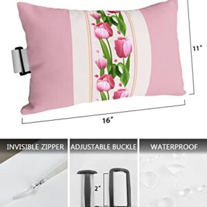 Recliner Head Pillow Ledge Loungers Chair Pillows with Insert Mother's Day Watercolor Tulips Pink Border Lumbar Pillow with Adjustable Strap Outdoor Waterproof Patio Pillows for Beach Pool, 2 PCS