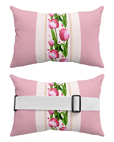 Recliner Head Pillow Ledge Loungers Chair Pillows with Insert Mother's Day Watercolor Tulips Pink Border Lumbar Pillow with Adjustable Strap Outdoor Waterproof Patio Pillows for Beach Pool, 2 PCS