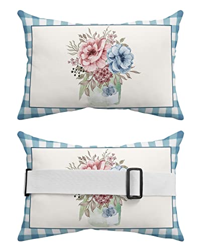 Prime Leader Recliner Head Pillow Ledge Loungers Chair Pillows with Insert Spring Pink Blue Flower Blue White Buffalo Plaid Lumbar Pillow with Adjustable Strap Outdoor Waterproof Patio Pillows, 2 PCS