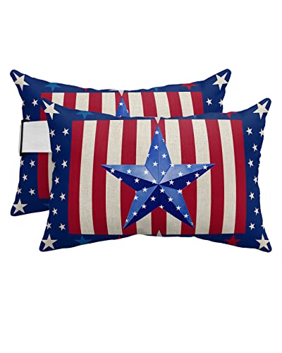 Recliner Head Pillow Ledge Loungers Chair Pillows with Insert USA Flag 4th of July Stars Blue Red Stripe Retro Farmhouse Lumbar Pillow with Adjustable Strap Patio Cushion for Sofa Bench Couch, 2 PCS