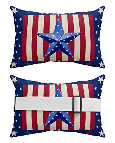 Recliner Head Pillow Ledge Loungers Chair Pillows with Insert USA Flag 4th of July Stars Blue Red Stripe Retro Farmhouse Lumbar Pillow with Adjustable Strap Patio Cushion for Sofa Bench Couch, 2 PCS