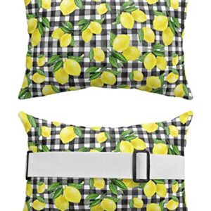 Recliner Head Pillow Ledge Loungers Chair Pillows with Insert Summer Yellow Lemon Black White Buffalo Plaid Lumbar Pillow with Adjustable Strap Outdoor Waterproof Patio Pillows for Beach Pool, 2 PCS