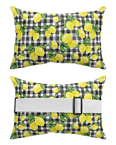 Recliner Head Pillow Ledge Loungers Chair Pillows with Insert Summer Yellow Lemon Black White Buffalo Plaid Lumbar Pillow with Adjustable Strap Outdoor Waterproof Patio Pillows for Beach Pool, 2 PCS