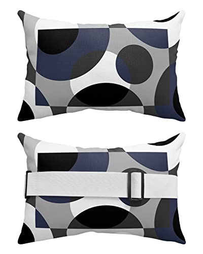 Recliner Head Pillow Ledge Loungers Chair Pillows with Insert Navy Blue and Grey Geometry Pattern Lumbar Pillow with Adjustable Strap Outside Patio Decorative Garden Cushion for Bench Couch, 2 PCS