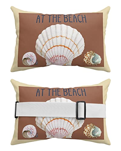 Recliner Head Pillow Ledge Loungers Chair Pillows with Insert AT THE BEACH Vintage Ocean Shell Lumbar Pillow with Adjustable Strap Outdoor Waterproof Patio Pillows for Beach Pool Chair, 2 PCS