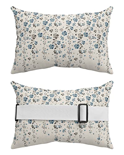 Recliner Head Pillow Ledge Loungers Chair Pillows with Insert Flower Blue Grey Cherry Blossoms Cotton Linen Background Lumbar Pillow with Adjustable Strap Patio Garden Cushion for Bench Couch, 2 PCS