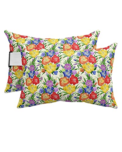 Recliner Head Pillow Ledge Loungers Chair Pillows with Insert Flower Irises Colourful Flower with Green Leaves Lumbar Pillow with Adjustable Strap Outdoor Waterproof Patio Pillows, 2 PCS