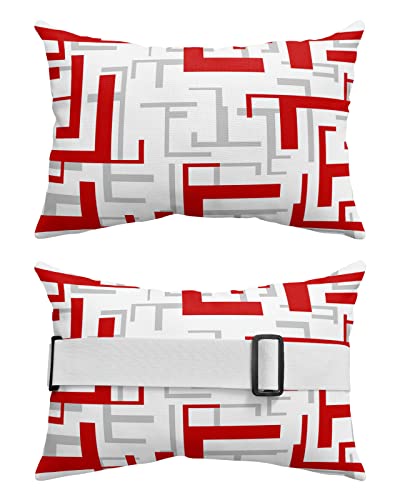 Recliner Head Pillow Ledge Loungers Chair Pillows with Insert Red Grey Abstract Geometry Modern Art Mid Century Lumbar Pillow with Adjustable Strap Patio Garden Cushion for Sofa Bench Couch, 2 PCS