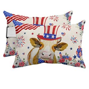 Recliner Head Pillow Ledge Loungers Chair Pillows with Insert Independence Day USA Flag Cow Poppies Linen Lumbar Pillow with Adjustable Strap Outdoor Waterproof Patio Pillows for Beach Pool, 2 PCS