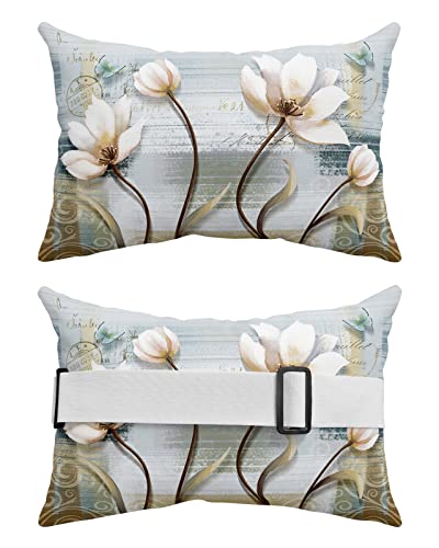 Recliner Head Pillow Ledge Loungers Chair Pillows with Insert White Tulip Flower Butterfly Vintage Postcard Lumbar Pillow with Adjustable Strap Outdoor Waterproof Patio Pillows for Beach Pool, 2 PCS