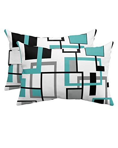 Recliner Head Pillow Ledge Loungers Chair Pillows with Insert Retro Middle Ages Abstract Geometry Teal Black Square Lumbar Pillow with Adjustable Strap Patio Garden Cushion for Bench Couch, 2 PCS