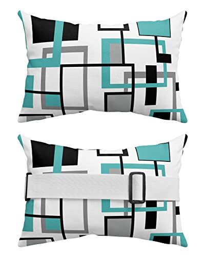 Recliner Head Pillow Ledge Loungers Chair Pillows with Insert Retro Middle Ages Abstract Geometry Teal Black Square Lumbar Pillow with Adjustable Strap Patio Garden Cushion for Bench Couch, 2 PCS