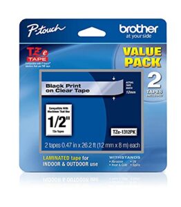 brother genuine p-touch tze-1312pk tape, 1/2″ (0.47″) standard laminated p-touch tape, black on clear, perfect for indoor or outdoor use, water resistant, 26.2 feet (8m) each, two-pack