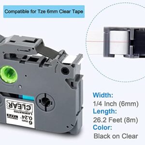 Absonic 4-Pack 6mm Clear Label Tape Compatible for Brother Tze-111 Tze111 Tz-111 Tz111 P Touch Tze Tz 6mm 0.23" Laminated Clear Label Tape for PT-H110 PT-D220 PT-D202 PT-D210 PT-D610, 1/4" x 26.2'