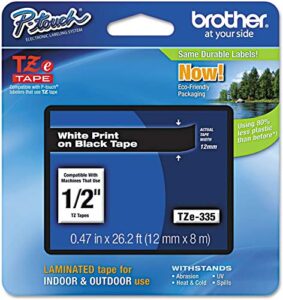 brother genuine p-touch tze-335 label tape, 1/2″ (0.47″) standard laminated p-touch tape, white on black, laminated for indoor or outdoor use, water resistant, 26.2 feet (8m), single-pack