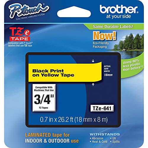 Brother Genuine P-Touch TZE-641 Tape, 3/4" (0.7") Standard Laminated P-Touch Tape, Black on Yellow, For Indoor or Outdoor Use, Water-Resistant, 26.2 ft (8 m), Single-Pack